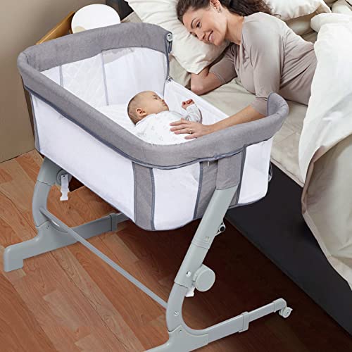 RONIPIC Baby Bassinet, Height & Angle Adjustable Bedside Sleeper, Bedside Crib with Mattress & Storage Bag, Easy Folding Portable Crib Infant Baby Bed, Grey