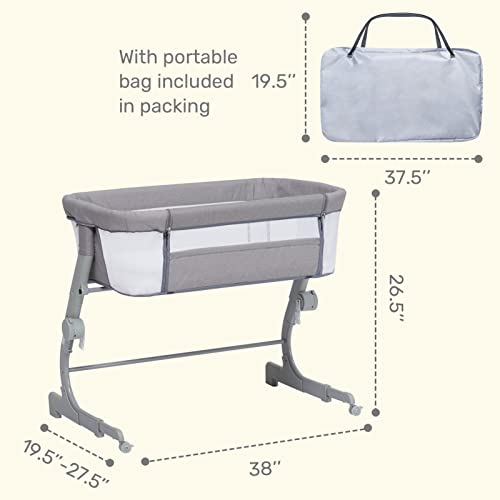 RONIPIC Baby Bassinet, Height & Angle Adjustable Bedside Sleeper, Bedside Crib with Mattress & Storage Bag, Easy Folding Portable Crib Infant Baby Bed, Grey