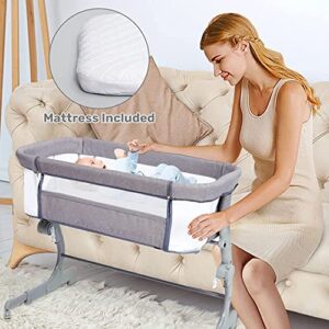 RONIPIC Baby Bassinet, Height & Angle Adjustable Bedside Sleeper, Bedside Crib with Mattress & Storage Bag, Easy Folding Portable Crib Infant Baby Bed, Grey