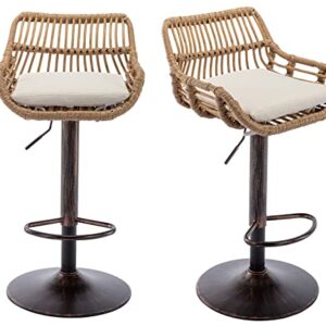 Kakotito Rattan Bar Stools, Adjustable Barstools with Linen Cushion, 360° Swivel Bar Stool with Low Back & Footrest, Classical Barstool Set of 2 for Kitchen and Bar (Brown)