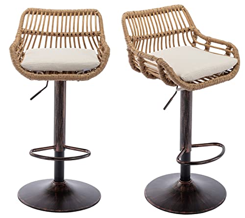 Kakotito Rattan Bar Stools, Adjustable Barstools with Linen Cushion, 360° Swivel Bar Stool with Low Back & Footrest, Classical Barstool Set of 2 for Kitchen and Bar (Brown)