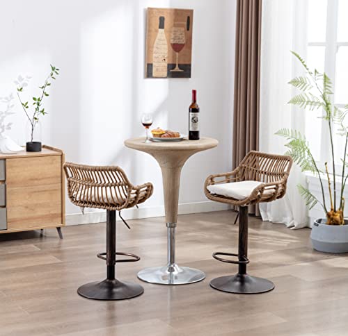 Kakotito Rattan Bar Stools, Adjustable Barstools with Linen Cushion, 360° Swivel Bar Stool with Low Back & Footrest, Classical Barstool Set of 2 for Kitchen and Bar (Brown)