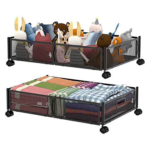 Under Bed Storage,Under Bed Storage Containers with Wheels,Foldable Metal Under bed Storage Containers with Handles,Under The Bed Storage Drawer Toy Box Storage for Clothes Shoes Blankets Books Toys (2 Pack, Black)