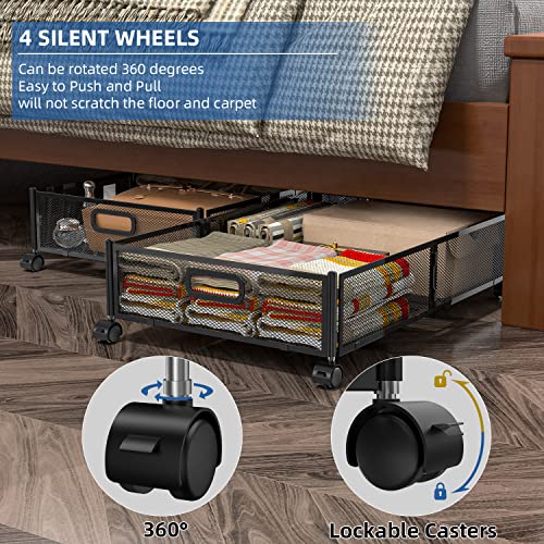 Under Bed Storage,Under Bed Storage Containers with Wheels,Foldable Metal Under bed Storage Containers with Handles,Under The Bed Storage Drawer Toy Box Storage for Clothes Shoes Blankets Books Toys (2 Pack, Black)