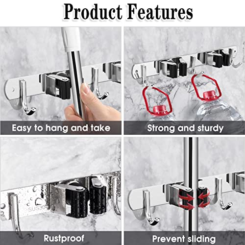 2 Racks and 3 Hooks & Black 5 Racks and 4 Hooks Broom and Mop Holder Wall Mounted Garage Organizer Storage Tool Racks Stainless Steel Heavy Duty Hooks Self Adhesive Solid Non-slip Wall Hangers