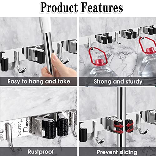 5 Racks and 4 Hooks & Black 5 Racks and 4 Hooks Broom and Mop Holder Wall Mounted Garage Organizer Storage Tool Racks Stainless Steel Heavy Duty Hooks Self Adhesive Solid Non-slip Wall Hangers