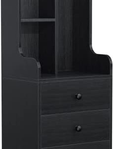 Black Modern Nightstand with Charging Station, Tall End Table for Bedroom Living Room, Bed Side Table/Night Stand with 3 Drawers, Bedside Table with Storage Shelf