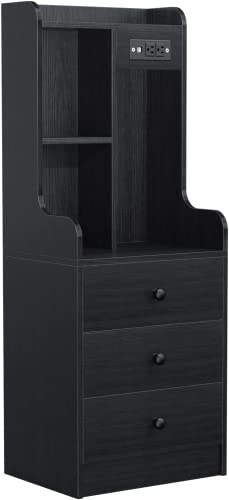 Black Modern Nightstand with Charging Station, Tall End Table for Bedroom Living Room, Bed Side Table/Night Stand with 3 Drawers, Bedside Table with Storage Shelf