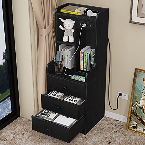 Black Modern Nightstand with Charging Station, Tall End Table for Bedroom Living Room, Bed Side Table/Night Stand with 3 Drawers, Bedside Table with Storage Shelf