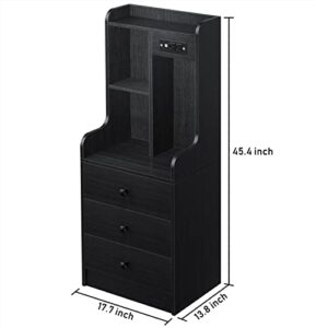 Black Modern Nightstand with Charging Station, Tall End Table for Bedroom Living Room, Bed Side Table/Night Stand with 3 Drawers, Bedside Table with Storage Shelf