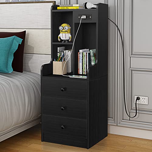 Black Modern Nightstand with Charging Station, Tall End Table for Bedroom Living Room, Bed Side Table/Night Stand with 3 Drawers, Bedside Table with Storage Shelf