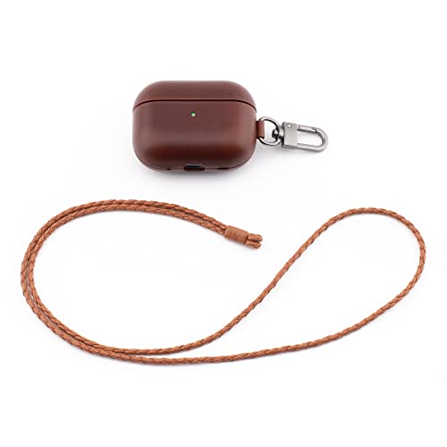 MAOGOAM Necklace Leather Case for AirPods Pro 2 with Clips and Button, Genuine Crystal Tanned Oil Wax Leather Case for AirPods Pro 2nd Generation 2022 with Keychain, Elegant Style, Dark Brown