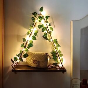 Artificial Ivy LED-Strip Wall Hanging Shelves Set of 2, Hanging Plant Shelf, Macrame Wall Hanging Shelf, Wood Hanging Plant Shelves for Bedroom Bathroom Living Room Kitchen for Wall Decoration