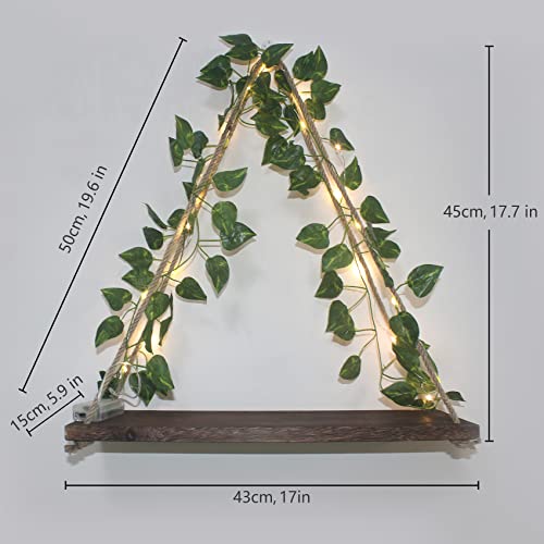 Artificial Ivy LED-Strip Wall Hanging Shelves Set of 2, Hanging Plant Shelf, Macrame Wall Hanging Shelf, Wood Hanging Plant Shelves for Bedroom Bathroom Living Room Kitchen for Wall Decoration