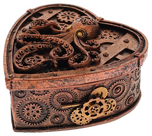 Top Brass Steampunk Octopus Heart Shaped Small Trinket Stash Jewelry Box Figurine - Unusual Eclectic Gothic Decor (Rustic Copper)