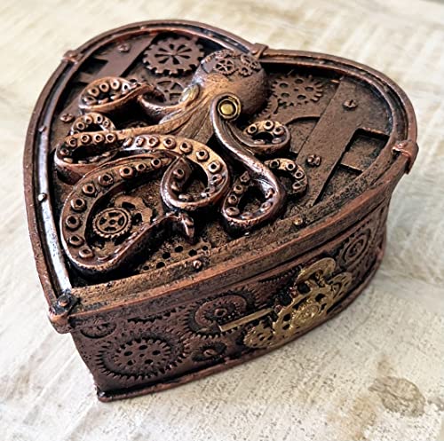 Top Brass Steampunk Octopus Heart Shaped Small Trinket Stash Jewelry Box Figurine - Unusual Eclectic Gothic Decor (Rustic Copper)