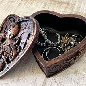 Top Brass Steampunk Octopus Heart Shaped Small Trinket Stash Jewelry Box Figurine - Unusual Eclectic Gothic Decor (Rustic Copper)