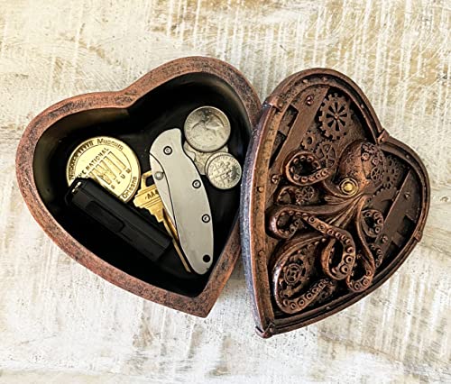 Top Brass Steampunk Octopus Heart Shaped Small Trinket Stash Jewelry Box Figurine - Unusual Eclectic Gothic Decor (Rustic Copper)