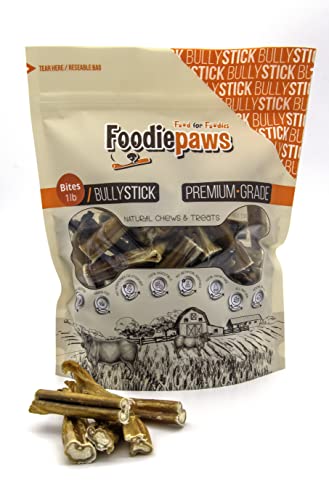 FOODIEPAWS All Natural Bully Sticks Bites Odor Free USA Packed for Medium, Large Dogs 100% Free Range Grass Fed Beef Single Ingredient Dental Dog Chews 1lb 1 Count (Pack of 1)