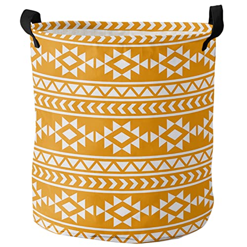 Laundry Basket Hamper with Handles, Modern Abstract Boho Collapsible Laundry Basket Waterproof Cloth Laundry Hamper Easy Carry Storage Basket 16.5x17 In Ethnic Toems Texture Yellow