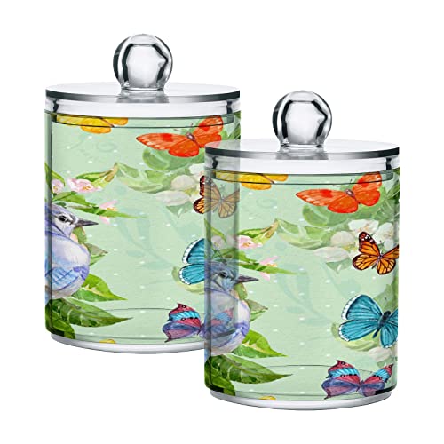 Kigai Butterflies & Bird Qtip Holder - 14OZ Clear Plastic Apothecary Jars Bathroom Canister Dispenser Organizer Vanity Storage Jar with Lid for Cotton Ball, Cotton Swab, Floss (2PACK)