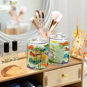 Kigai Butterflies & Bird Qtip Holder - 14OZ Clear Plastic Apothecary Jars Bathroom Canister Dispenser Organizer Vanity Storage Jar with Lid for Cotton Ball, Cotton Swab, Floss (2PACK)