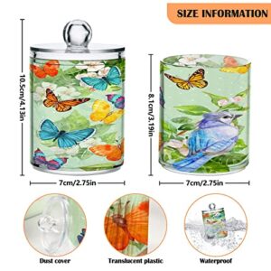 Kigai Butterflies & Bird Qtip Holder - 14OZ Clear Plastic Apothecary Jars Bathroom Canister Dispenser Organizer Vanity Storage Jar with Lid for Cotton Ball, Cotton Swab, Floss (2PACK)