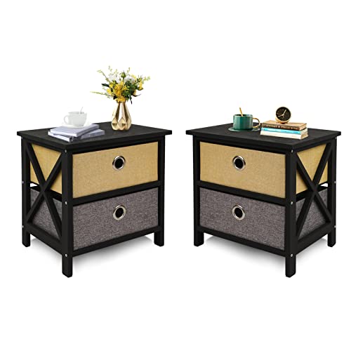 NO MORE TAG Nightstand with 3 Fabric Drawers, Wood Nightstand Side Tables for Bedroom Small Place Nursery Closet, Sturdy and Stable Bedroom Nightstands with X-Shaped Wood Frame