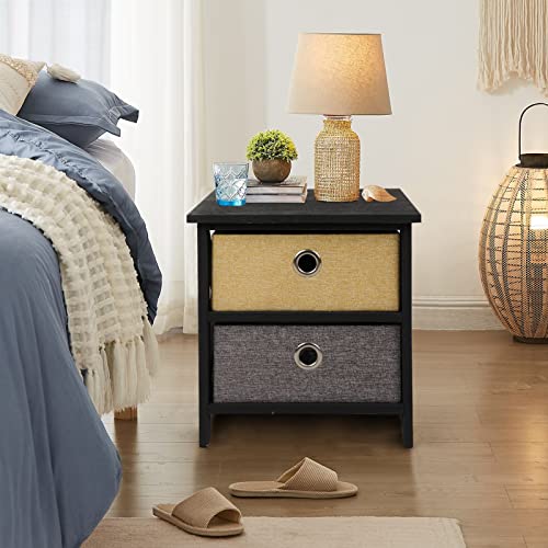 NO MORE TAG Nightstand with 3 Fabric Drawers, Wood Nightstand Side Tables for Bedroom Small Place Nursery Closet, Sturdy and Stable Bedroom Nightstands with X-Shaped Wood Frame