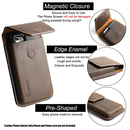 Gentlestache Leather Cell Phone Holster with Belt Clip, Flip Cell Phone Case for iPhone 14 13 Pro, Phone Belt Holder for S22 S21, Universal Cell Phone Pouch for Smartphone, Darkbrown