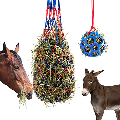 Woiworco 2 Packs Horse Treat Balls and Hay Nets, 5.3 inches Horses Balls Toy and 37.5 inches Long 2 x 2-inch Hay Nets, Slow Feed Hay Feed Hanging Feeding Supplies for Horses and Goats to Play with