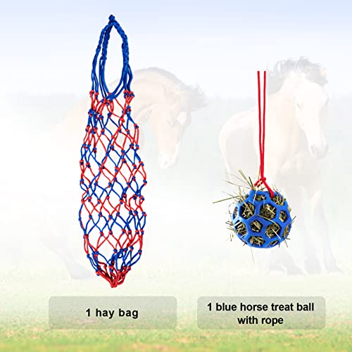 Woiworco 2 Packs Horse Treat Balls and Hay Nets, 5.3 inches Horses Balls Toy and 37.5 inches Long 2 x 2-inch Hay Nets, Slow Feed Hay Feed Hanging Feeding Supplies for Horses and Goats to Play with