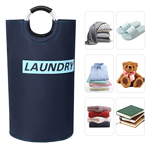 82L Large Laundry Basket Waterproof Laundry Hamper Collapsible Folding Tall Clothes Hamper Foldable Clothes Bag Folding Washing Bin Navy Blue