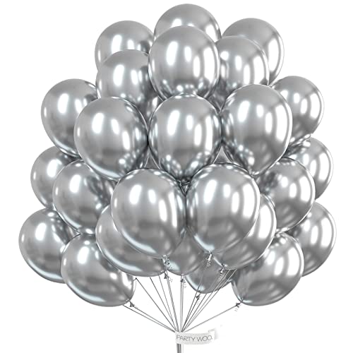 PartyWoo Metallic Silver Balloons 50 pcs 12 Inch and Disco Silver Foil Balloons 6 pcs