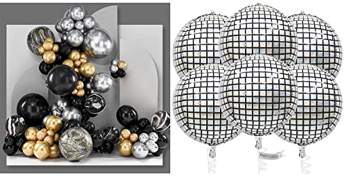 PartyWoo 140 pcs Black and Gold Balloon Arch Kit and 6 pcs Disco Silver Foil Balloons