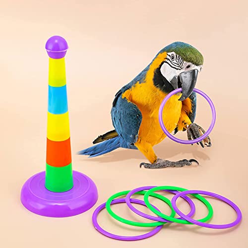 Dft Bird Toys, 6 Kinds Bird Training Toys Set Include Stacking Rings Skateboard Metal Trolley Coin Jar Bell Ball Toy to Improve IQ