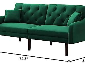 OYN Modern Velvet Upholstered Futon Sofa (72.8”x31.1”x30.3”H), Longer Loveseat Convertible Sleeper Couch Bed for Living Room Apartment Small Space Furniture Sets with 2 Pillows,Green