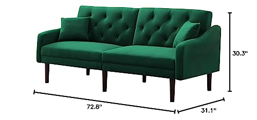 OYN Modern Velvet Upholstered Futon Sofa (72.8”x31.1”x30.3”H), Longer Loveseat Convertible Sleeper Couch Bed for Living Room Apartment Small Space Furniture Sets with 2 Pillows,Green