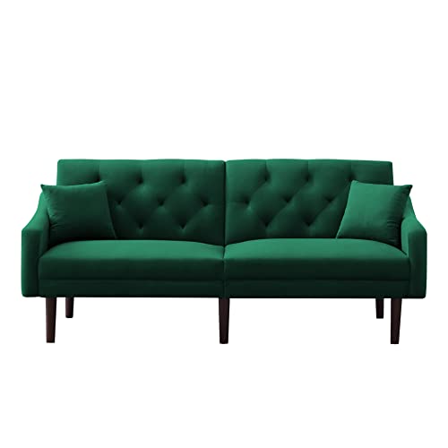 OYN Modern Velvet Upholstered Futon Sofa (72.8”x31.1”x30.3”H), Longer Loveseat Convertible Sleeper Couch Bed for Living Room Apartment Small Space Furniture Sets with 2 Pillows,Green