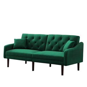 OYN Modern Velvet Upholstered Futon Sofa (72.8”x31.1”x30.3”H), Longer Loveseat Convertible Sleeper Couch Bed for Living Room Apartment Small Space Furniture Sets with 2 Pillows,Green