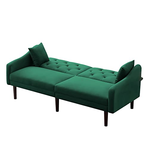 OYN Modern Velvet Upholstered Futon Sofa (72.8”x31.1”x30.3”H), Longer Loveseat Convertible Sleeper Couch Bed for Living Room Apartment Small Space Furniture Sets with 2 Pillows,Green