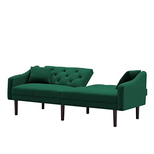 OYN Modern Velvet Upholstered Futon Sofa (72.8”x31.1”x30.3”H), Longer Loveseat Convertible Sleeper Couch Bed for Living Room Apartment Small Space Furniture Sets with 2 Pillows,Green