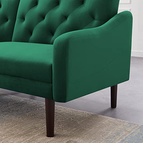 OYN Modern Velvet Upholstered Futon Sofa (72.8”x31.1”x30.3”H), Longer Loveseat Convertible Sleeper Couch Bed for Living Room Apartment Small Space Furniture Sets with 2 Pillows,Green