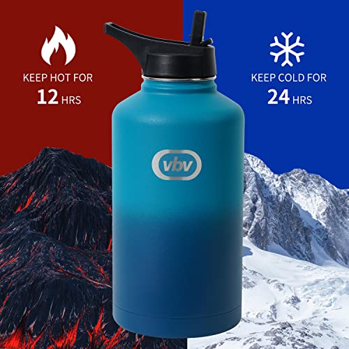 vbv Insulated Water Bottle - 64 Oz, 3 Lids (Straw Lid), Half Gallon Large Metal Stainless Steel Water Jug, Big Double Wall Vacuum Flask, Leakproof Keep Cold & Hot for Sports and Travel