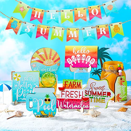 22 Pieces Summer Tiered Tray Decor Sets Farmhouse Hello Summer Wood Sign Rustic Beach Home Decor Summer Table Decorations Small Hawaiian Wooden Plaque for Shelf Kitchen Tabletop (Printed Style)