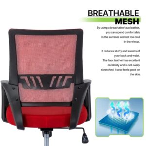 Magshion Home Office Chair with Floor Mat Mid Back Mesh Desk Chair with Lumbar Support, Computer Chair Ergonomic Task Rolling Swivel Chair Mid-Back Desk Chair Adjustable Modern Chair, Red