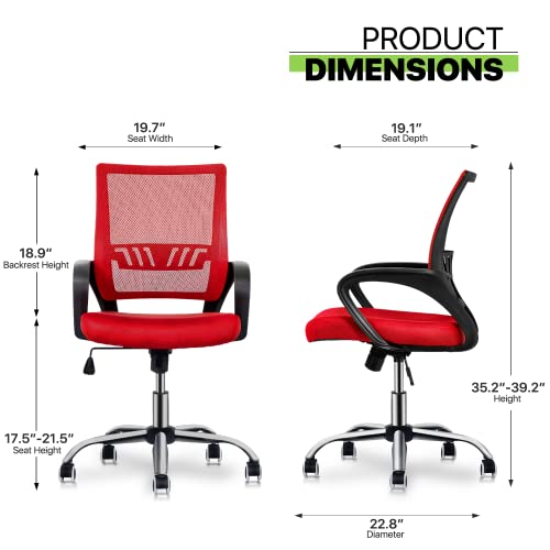 Magshion Home Office Chair with Floor Mat Mid Back Mesh Desk Chair with Lumbar Support, Computer Chair Ergonomic Task Rolling Swivel Chair Mid-Back Desk Chair Adjustable Modern Chair, Red