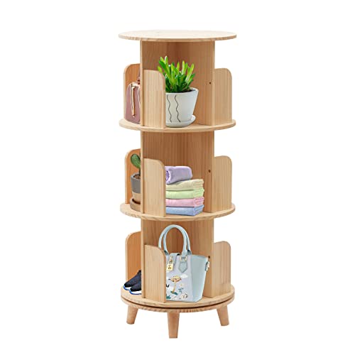 BJTDLLX Rotating Bookshelf, 3 Tiers Freestanding Storage Shelf with Support Legs, 360° Rotating Bookshelf Round Bookcase Magazines A4 Papers Organizer, for Home Office Living Room, Wood 3 Tiers