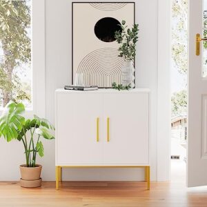 LYNSOM Storage Cabinet with Doors, Free Standing Living Room Cabinet, Modern Wood Buffet Sideboard for Kitchen, Bedroom, Hallway, Entryway, Office, White