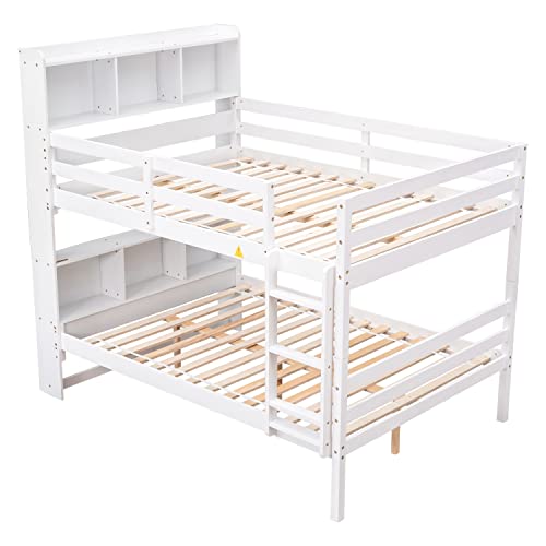 Harper & Bright Designs Full Over Bunk Beds with Bookcase Headboard, Solid Wood Bed Frame Storage, Safety Rail and Ladder, Kids/Teens Bedroom, Can Be converted into 2 Beds, White